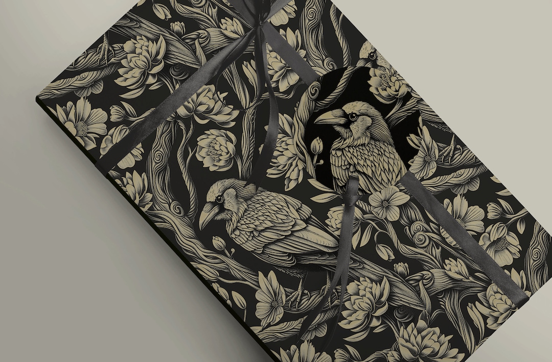 Elegant Golden Raven Gift Wrap - Linocut Style Paper Design, Mythology ...