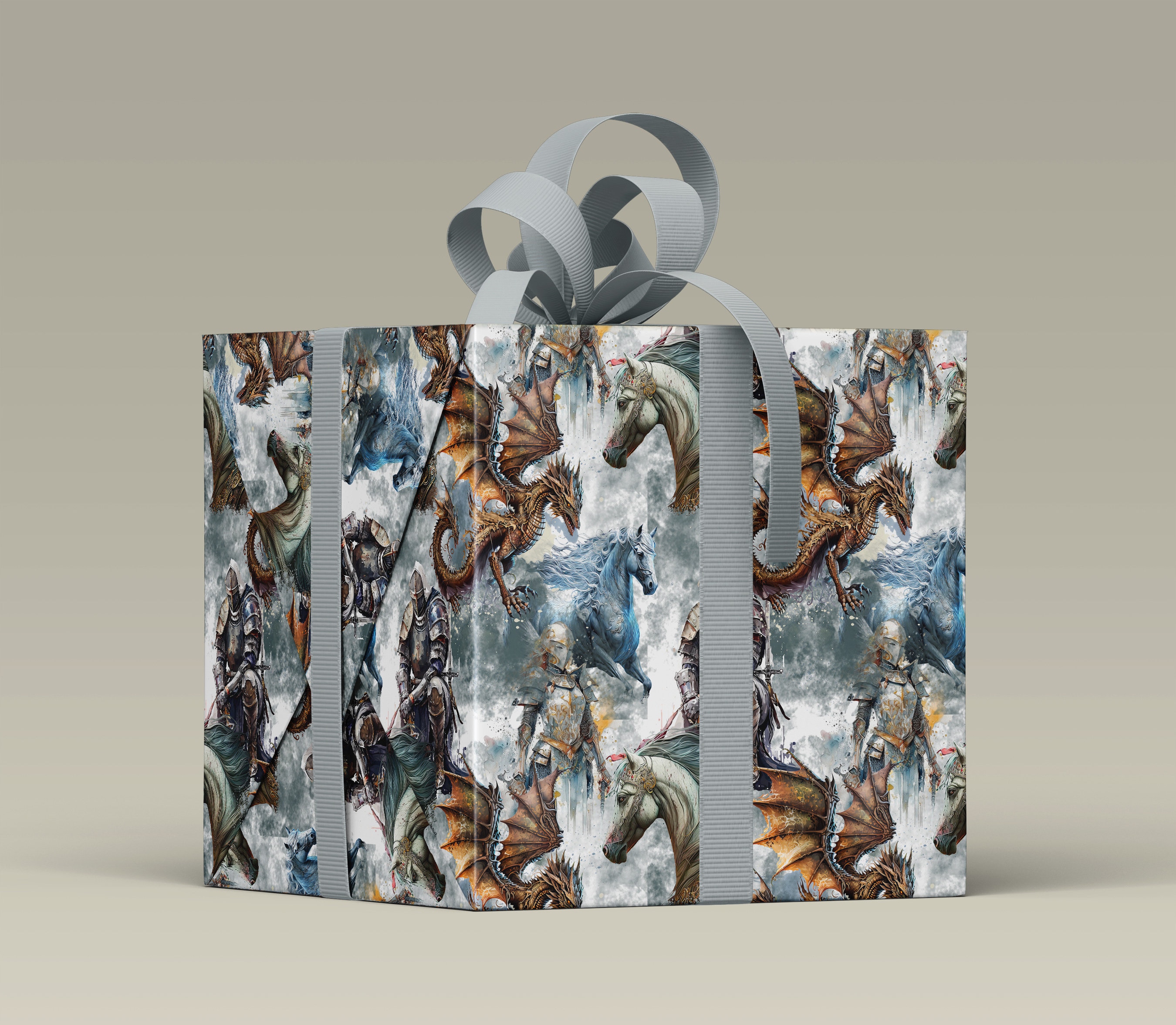 Gothic Dragons, Knights and Horses Wrapping Paper, Mythology Fantasy ...