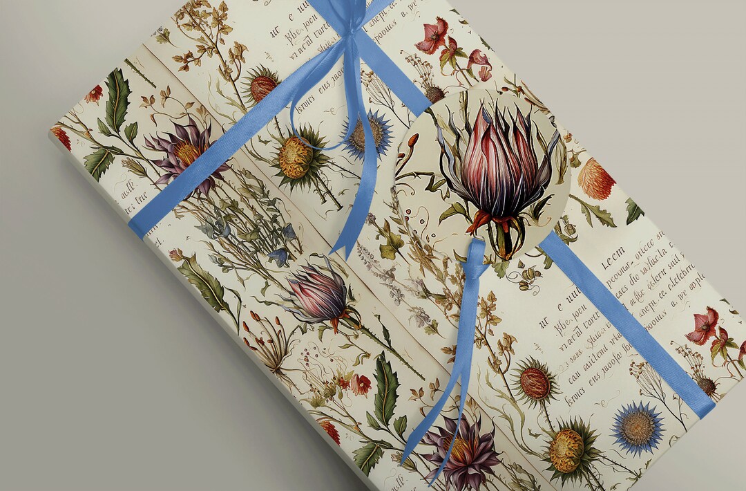 Vintage-inspired Botanical Flowers Manuscript Wrapping Paper, Unique ...