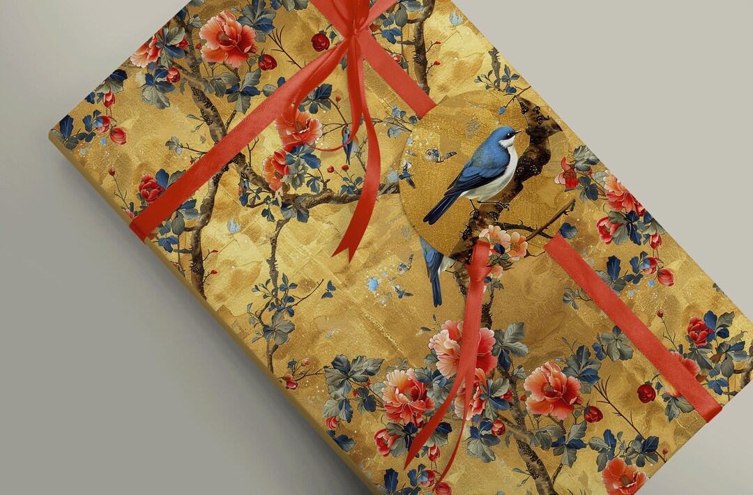 Golden Chinoiserie Inspired Floral Gift Wrap - 100gsm Wrapping Paper ...