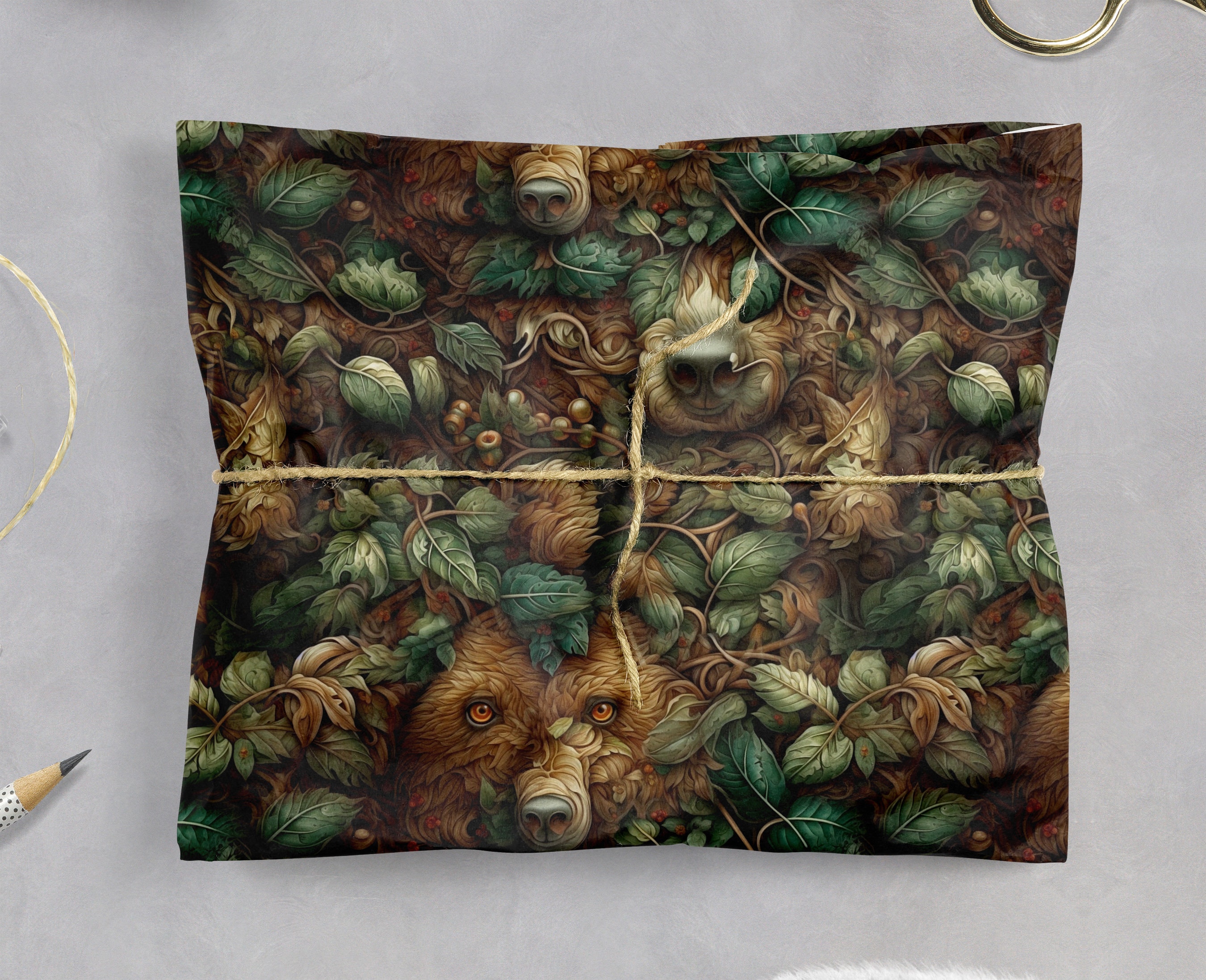 Brown Bear Hidden in Foliage Wrapping Paper Mythology - Etsy