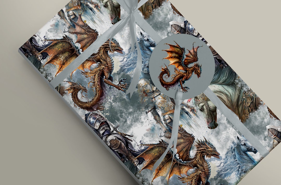 Gothic Dragons, Knights and Horses Wrapping Paper, Mythology Fantasy ...