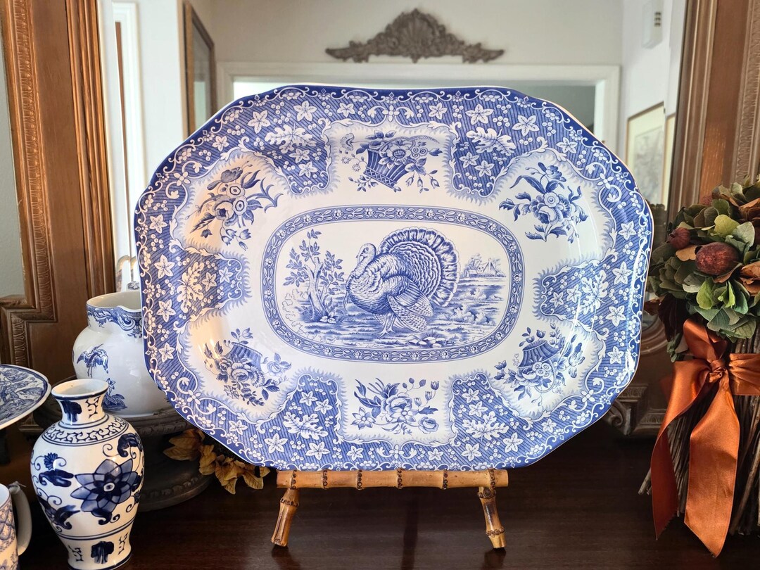 Blue and White Spode Turkey Platter Festival Blue Turkey Platter - Etsy