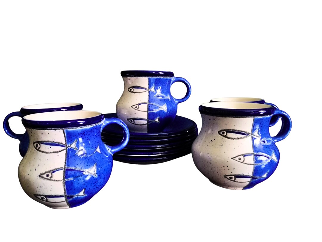 Artesa Fish Coffee Cups With Saucers | Artesa Pottery Blue Fish Set ...
