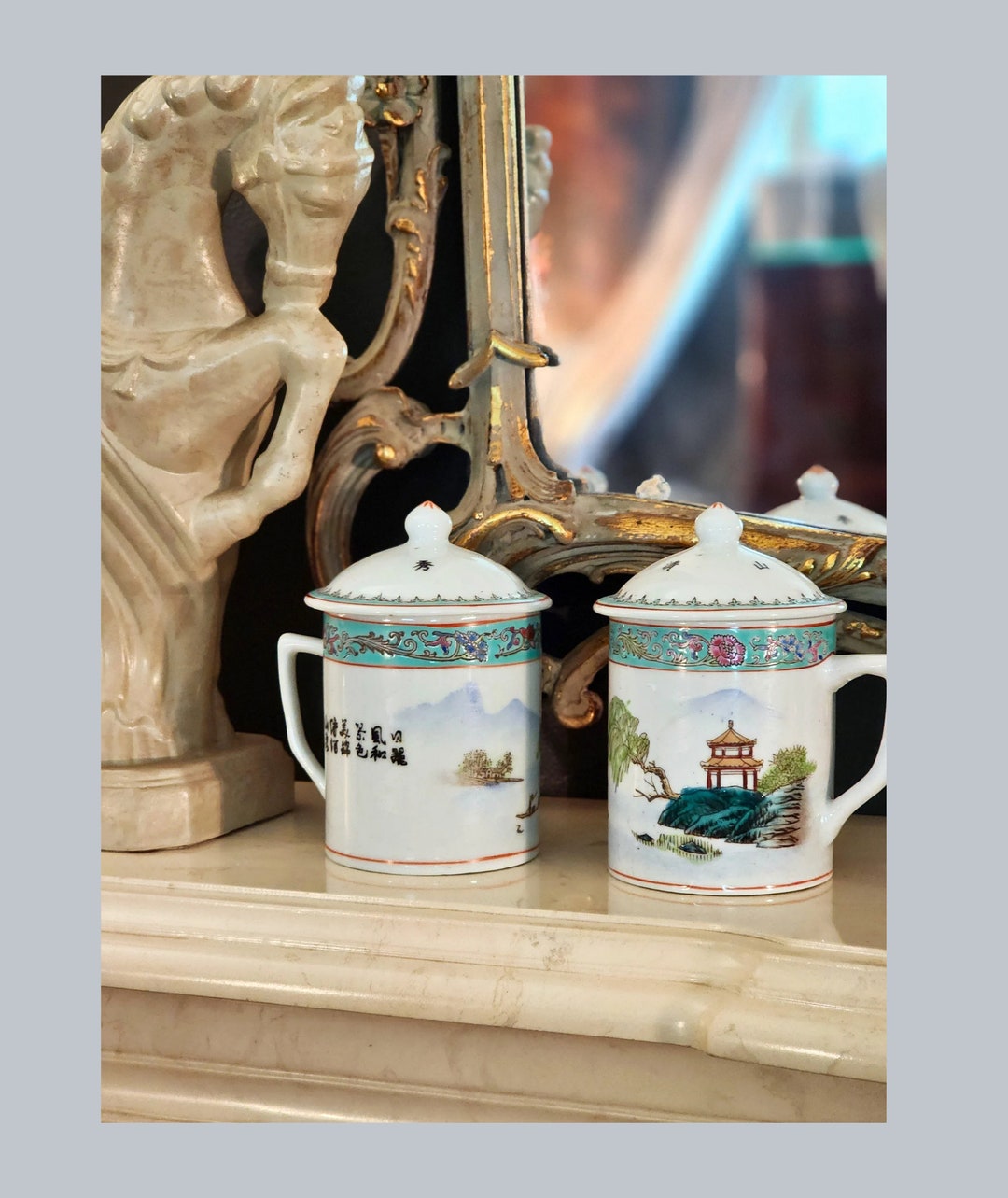 Vintage Chinese Covered Tea Mug, White, Garden, Landscape, Enamel Paint ...