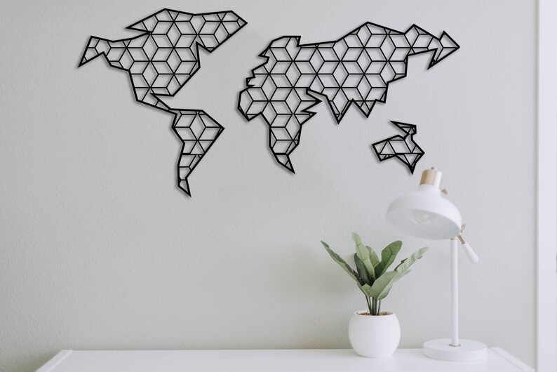 Metal World Map Metal Wall Art Map Geometric Black Metal - Etsy
