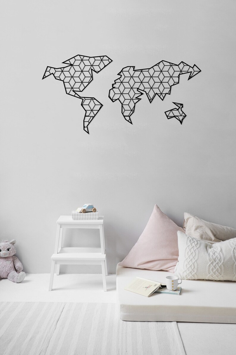 Metal World Map Metal Wall Art Map Geometric Black Metal - Etsy