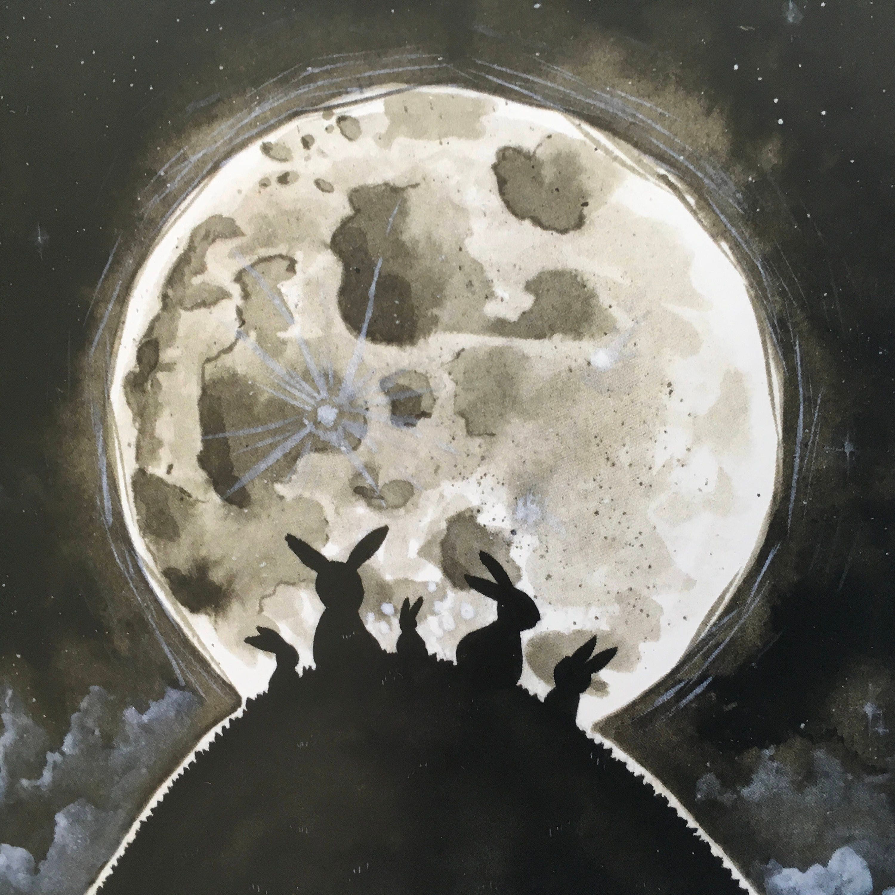 Moonwatching Rabbits Greeting Card Otsukimi Bunnies - Etsy