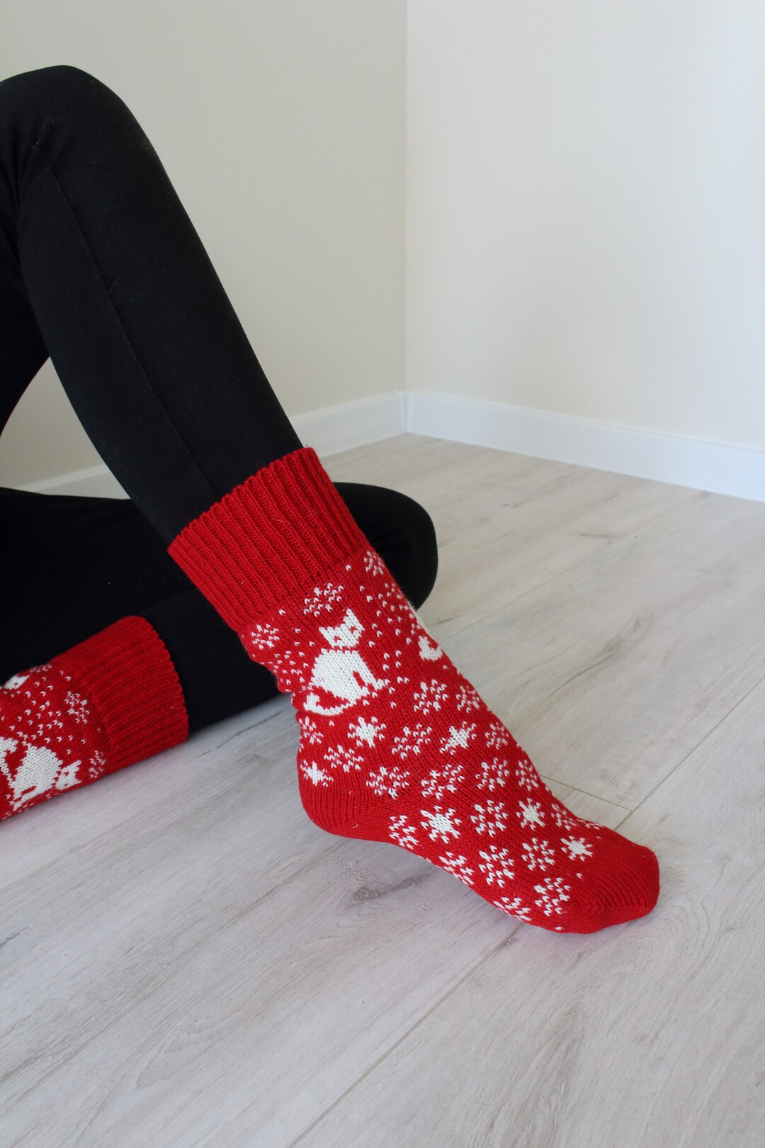 Wool Hand-made Socks With Cat Pattern Knitted Socks Legs - Etsy
