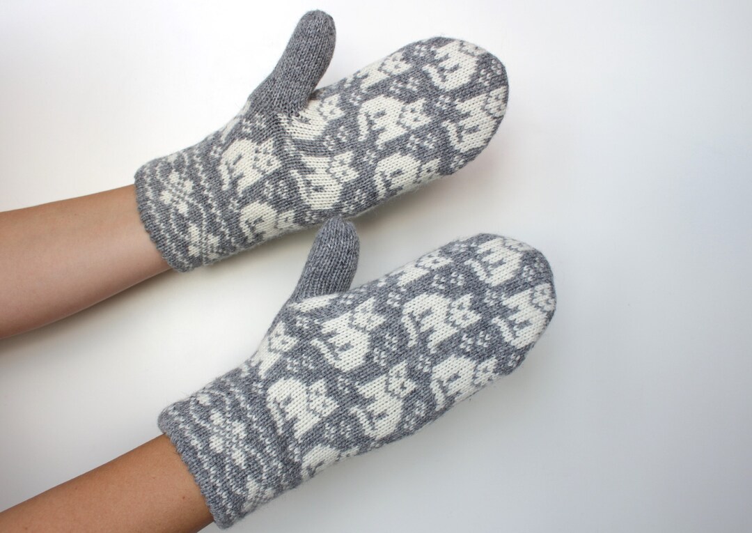 Hand-made Adult Mittens With Cats Pattern Wool Mittens - Etsy