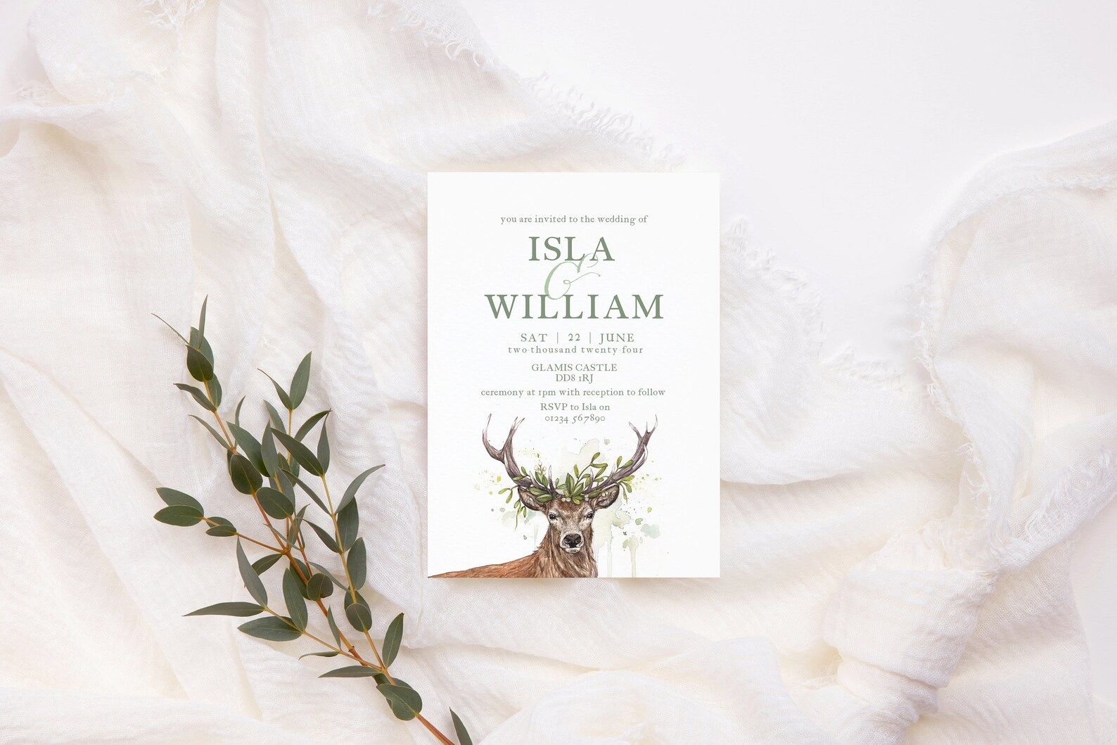Woodland Stag Wedding Invitation, Scottish Rustic Deer Winter Wedding ...