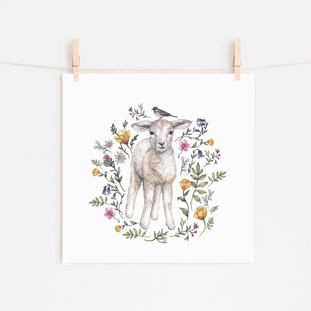Watercolour Lamb Print, Wildflowers Botanical Spring Animal Floral ...