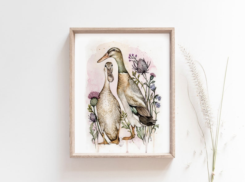 Indian Runner Ducks Wild Flowers Watercolour Thistles Bird | Etsy