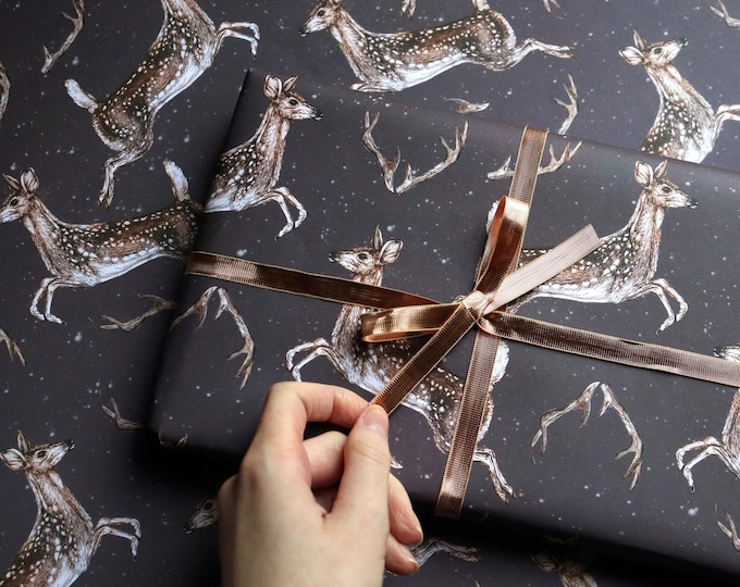 Christmas Deer Wrapping Paper, Snowy Deer Antlers Pattern, Leaping Deer ...