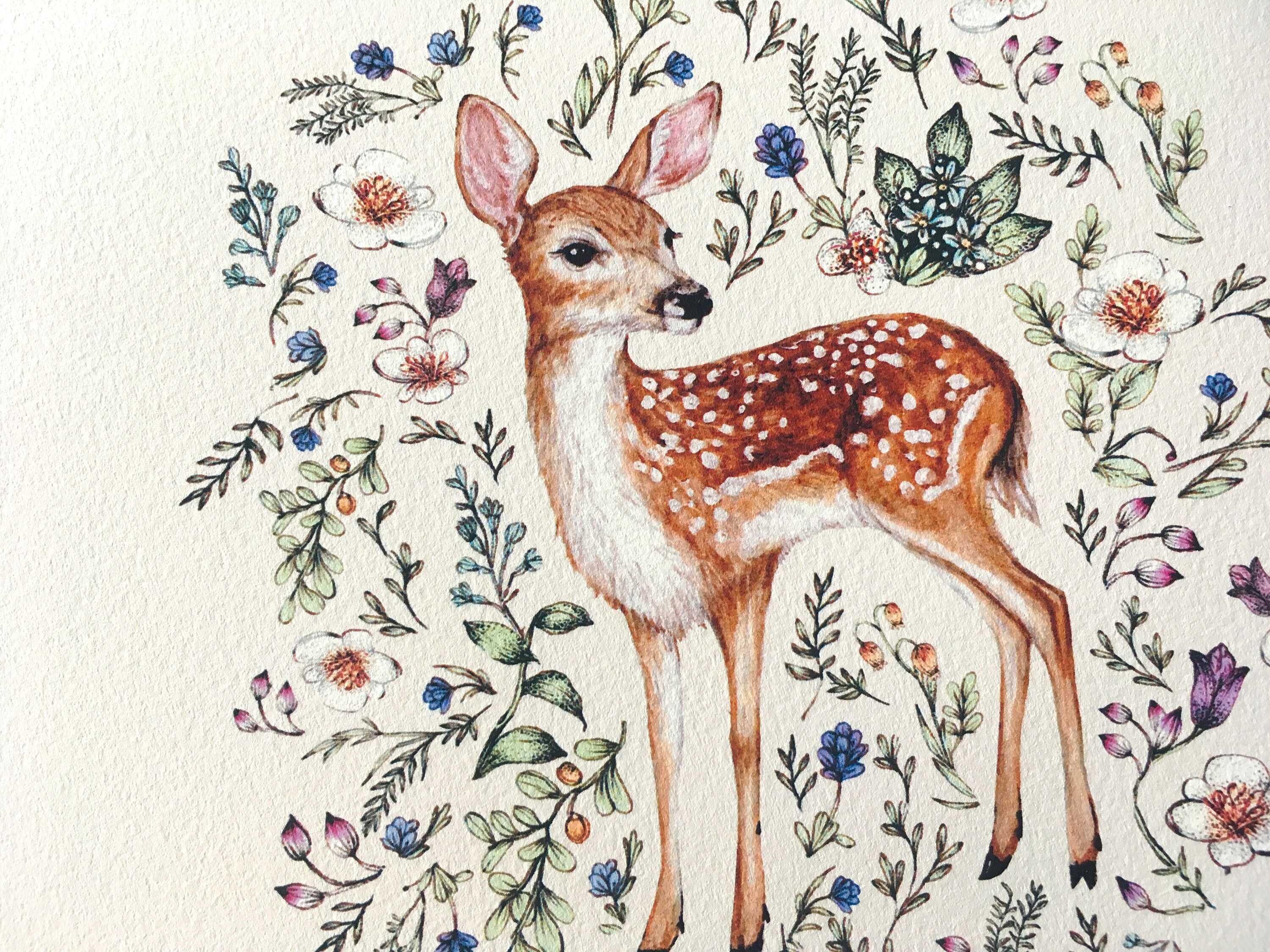 Watercolour Fawn Print Wildflowers Botanical Deer Floral - Etsy
