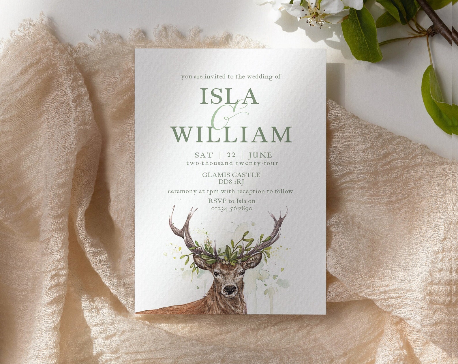 Woodland Stag Wedding Invitation, Scottish Rustic Deer Winter Wedding ...