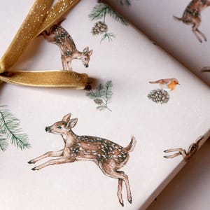 Christmas Fawn Wrapping Paper, Winter Robin and Pine Cones Pattern ...