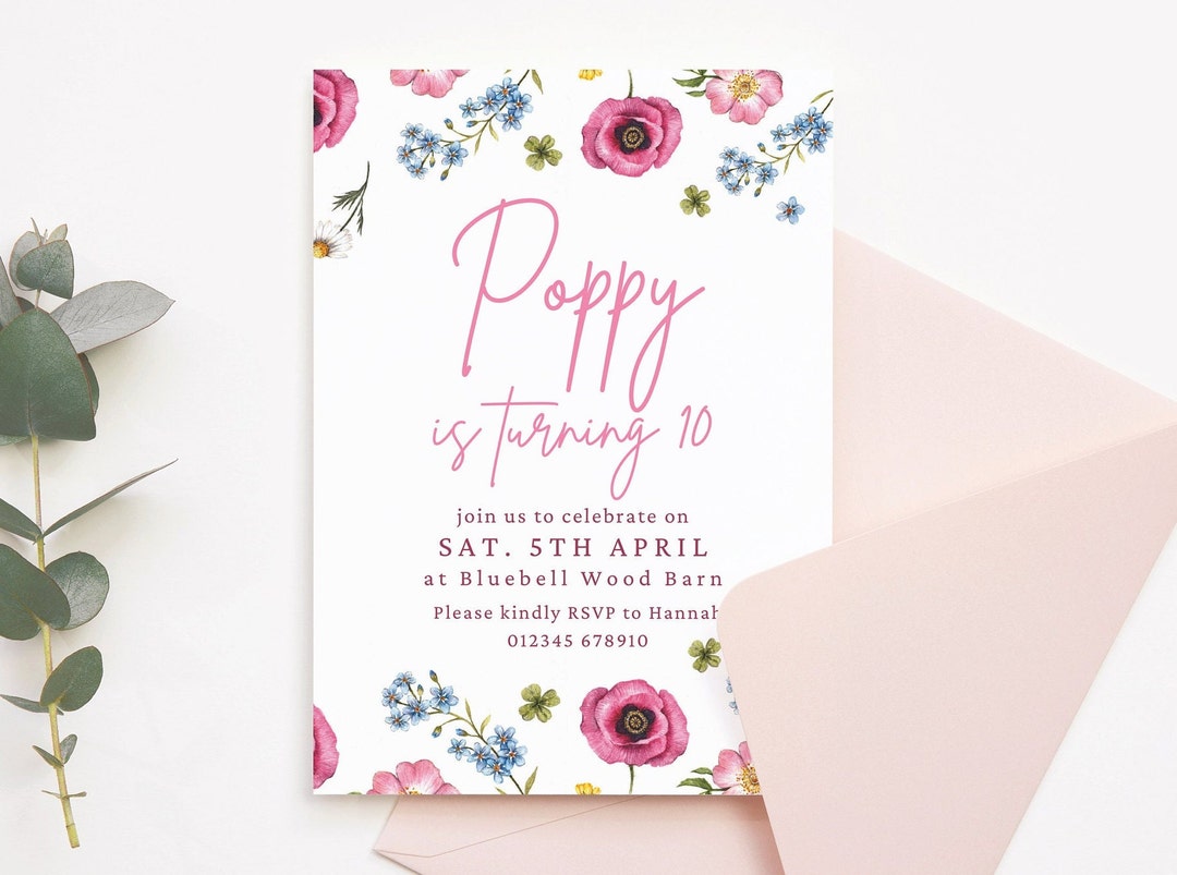 Wildflower Poppy Birthday Invitation, Children's Floral Kids Birthday ...