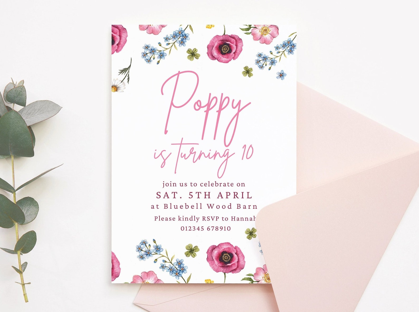 Wildflower Poppy Birthday Invitation, Children's Floral Kids Birthday ...
