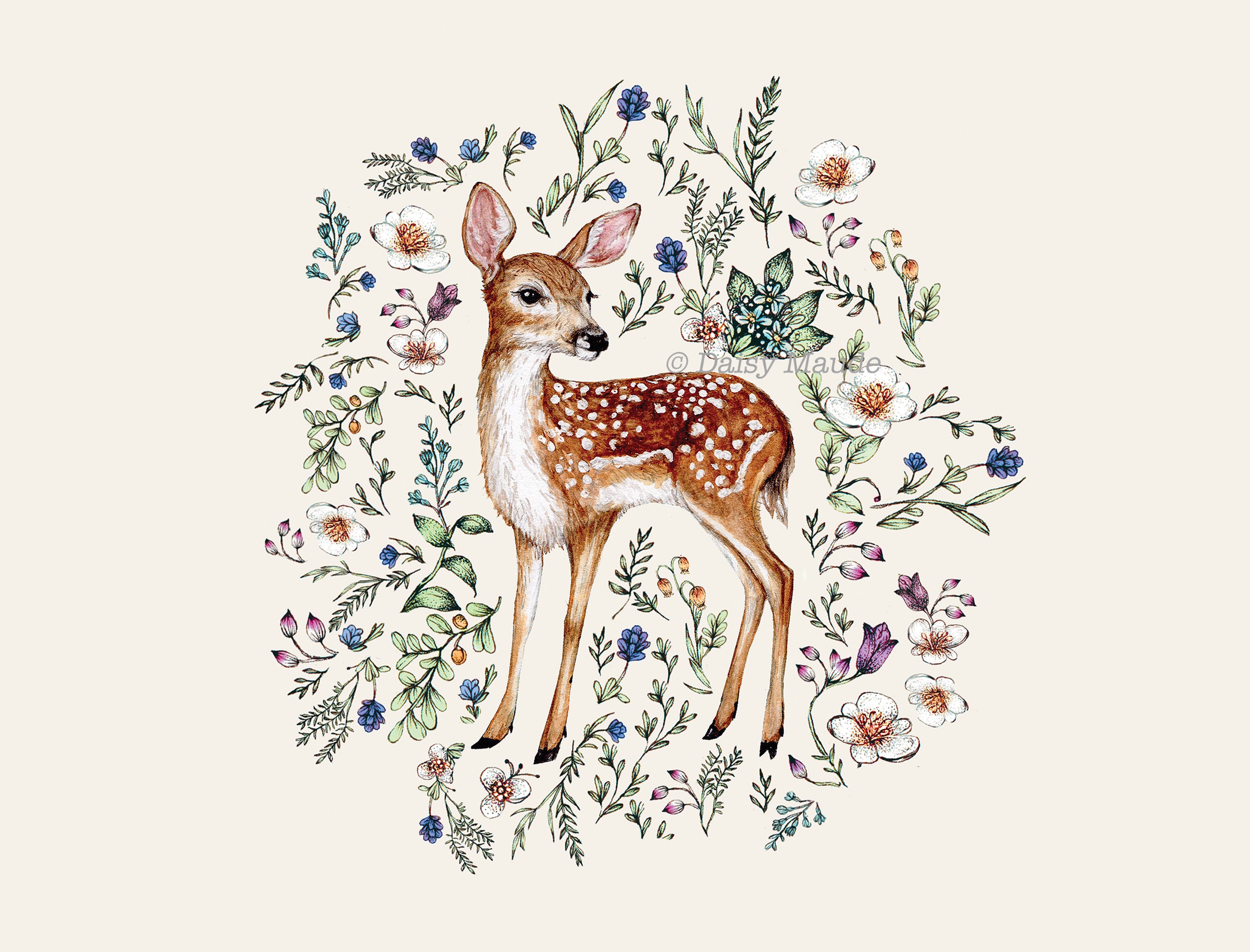 Watercolour Fawn Print Wildflowers Botanical Deer Floral - Etsy