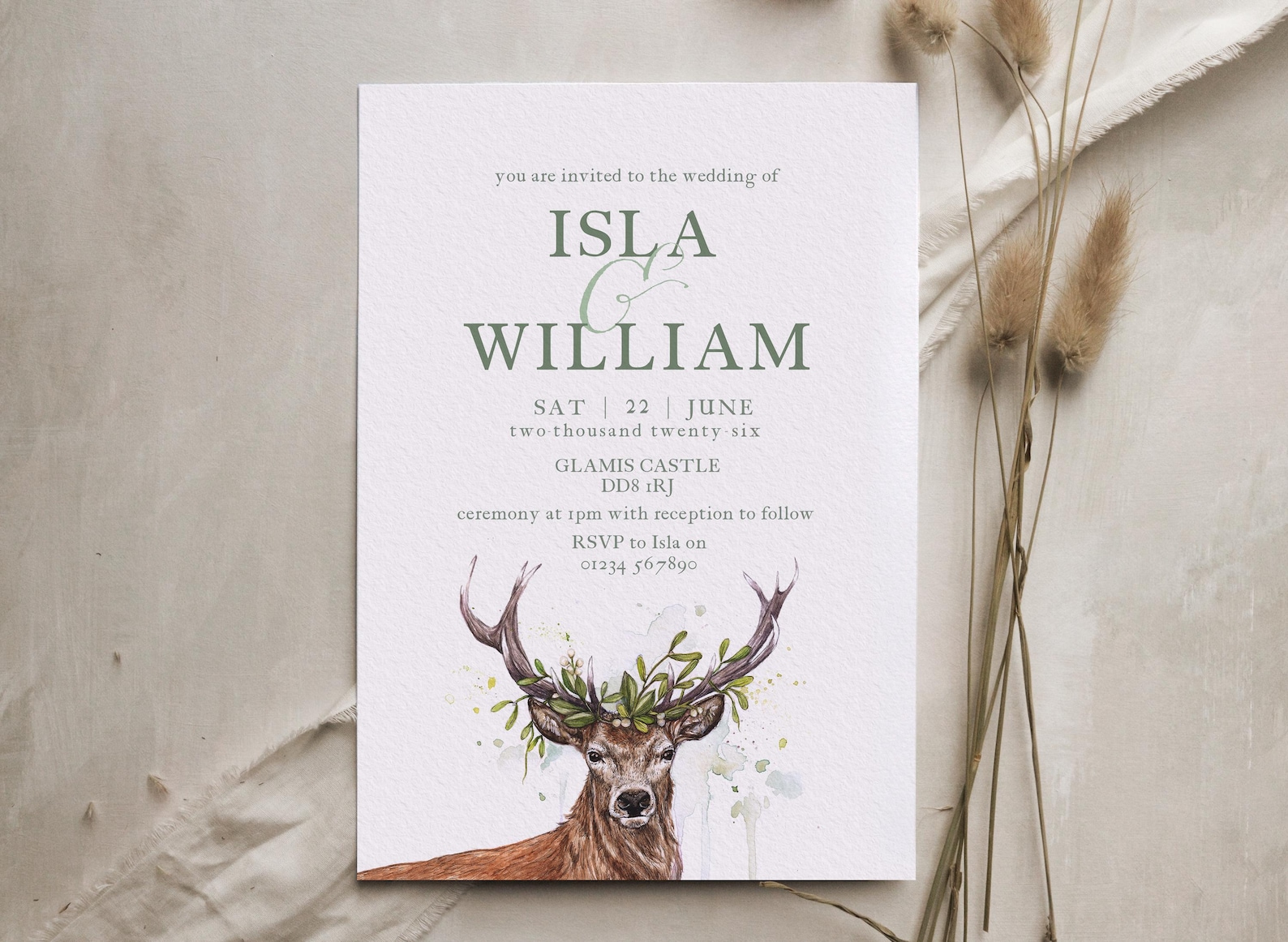 Woodland Stag Wedding Invitation, Scottish Rustic Deer Winter Wedding ...
