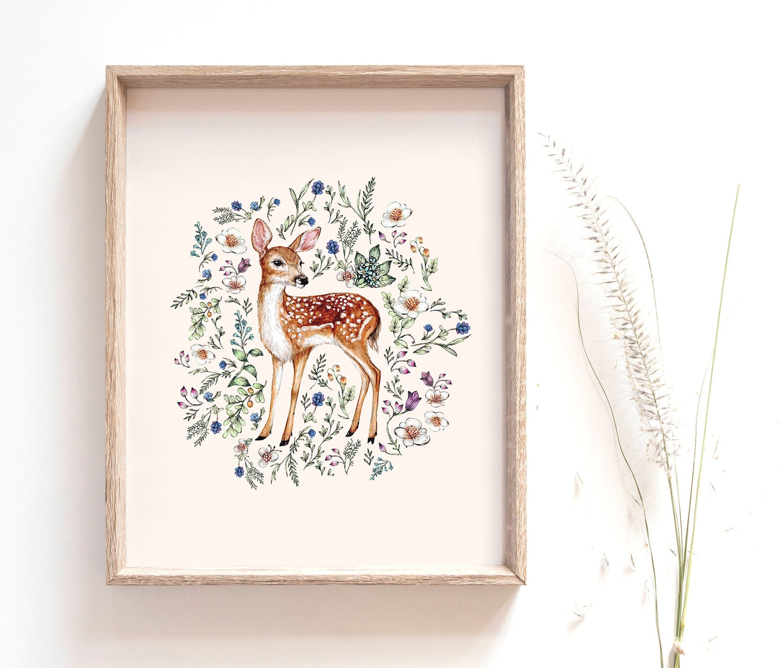 Watercolour Fawn Print, Wildflowers Botanical Deer, Floral Deer Nursery ...