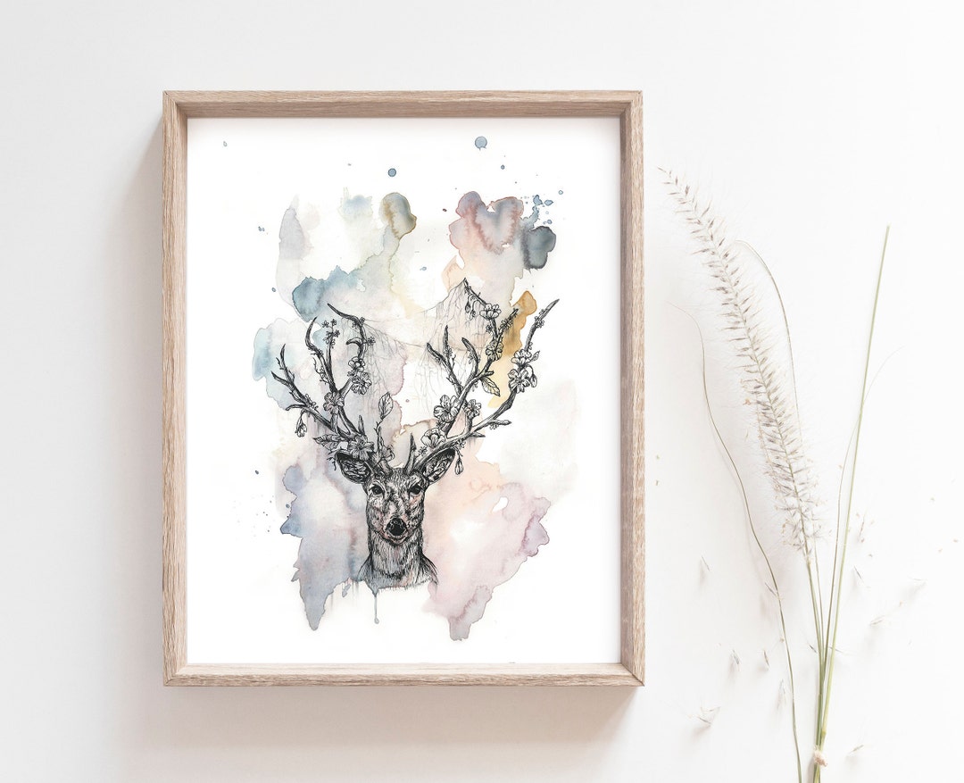 Watercolour Deer Print Inky Deer Stag Illustration Wall Art - Etsy