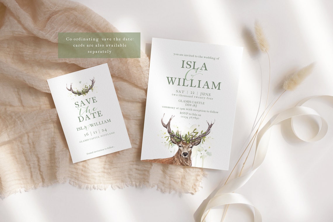 Woodland Stag Wedding Invitation, Scottish Rustic Deer Winter Wedding ...