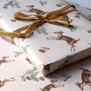 Christmas Fawn Wrapping Paper, Winter Robin and Pine Cones Pattern ...