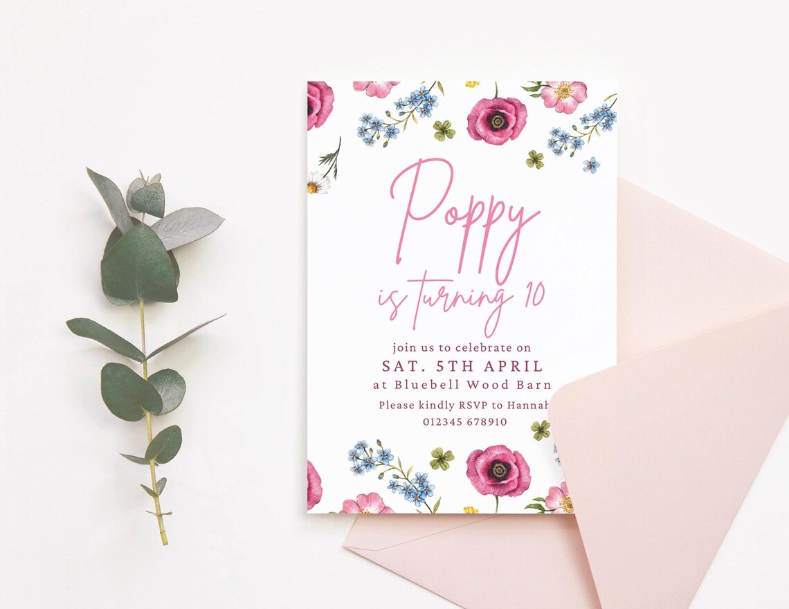 Wildflower Poppy Birthday Invitation, Children's Floral Kids Birthday ...