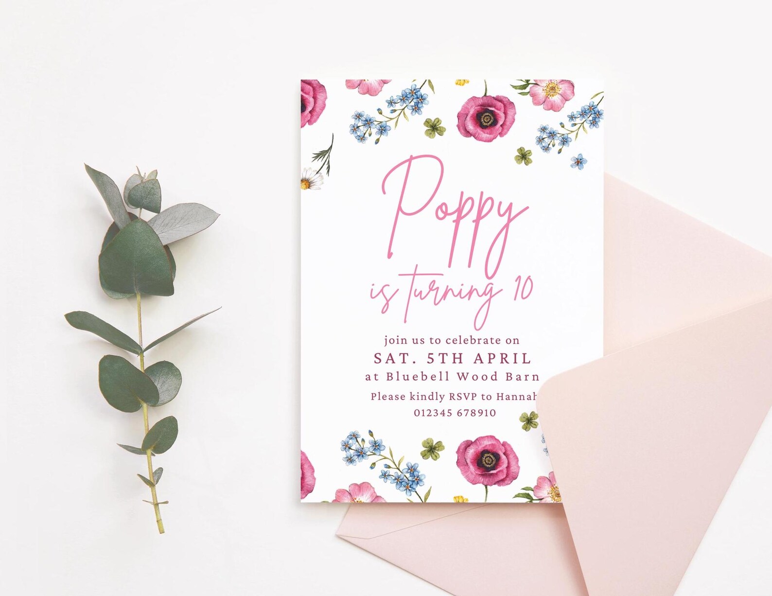 Wildflower Poppy Birthday Invitation, Children's Floral Kids Birthday ...