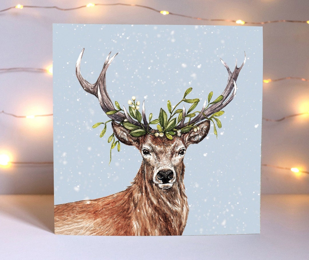 Winter Stag Christmas Card, Woodland Animal Illustrated Watercolour ...