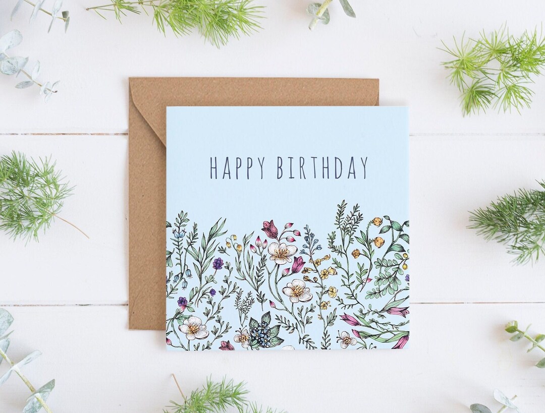 Blue Botanical Birthday Card, Mum Grandma Floral Watercolour ...
