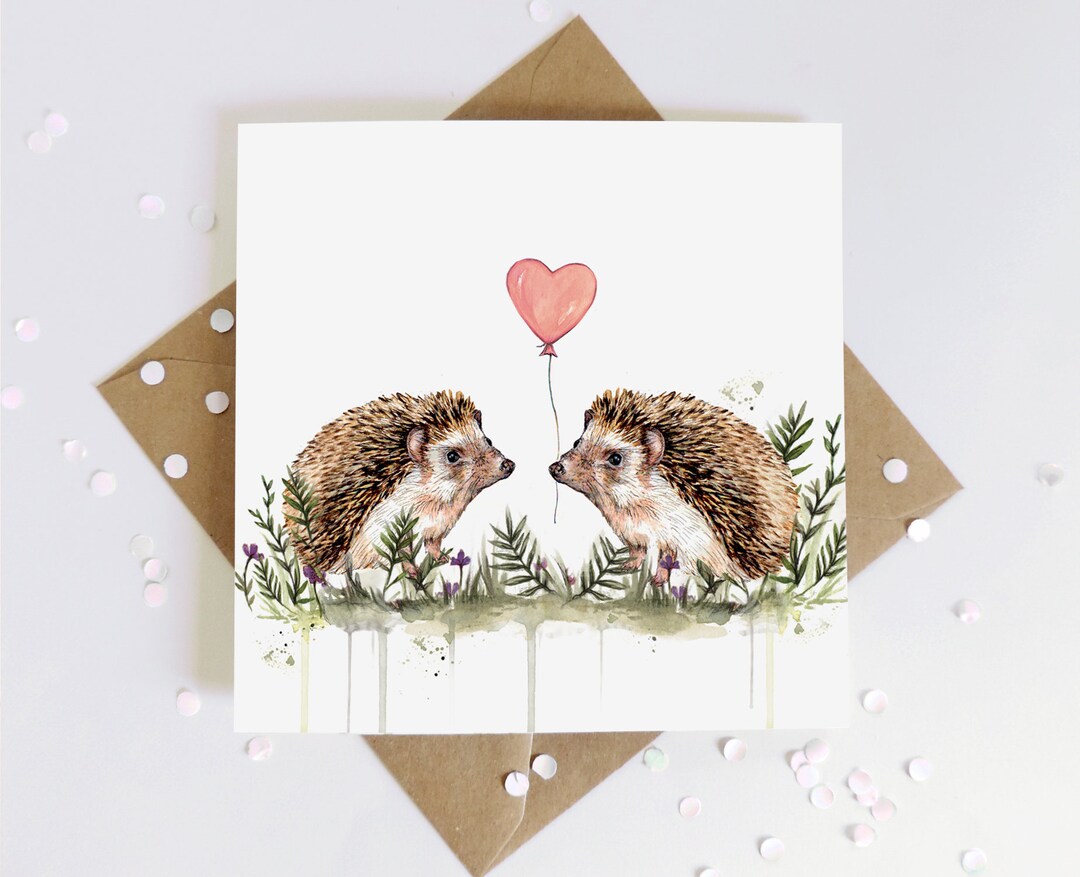 Hedgehogs Greetings Card, Watercolour Hedgehog Valentines Couple ...