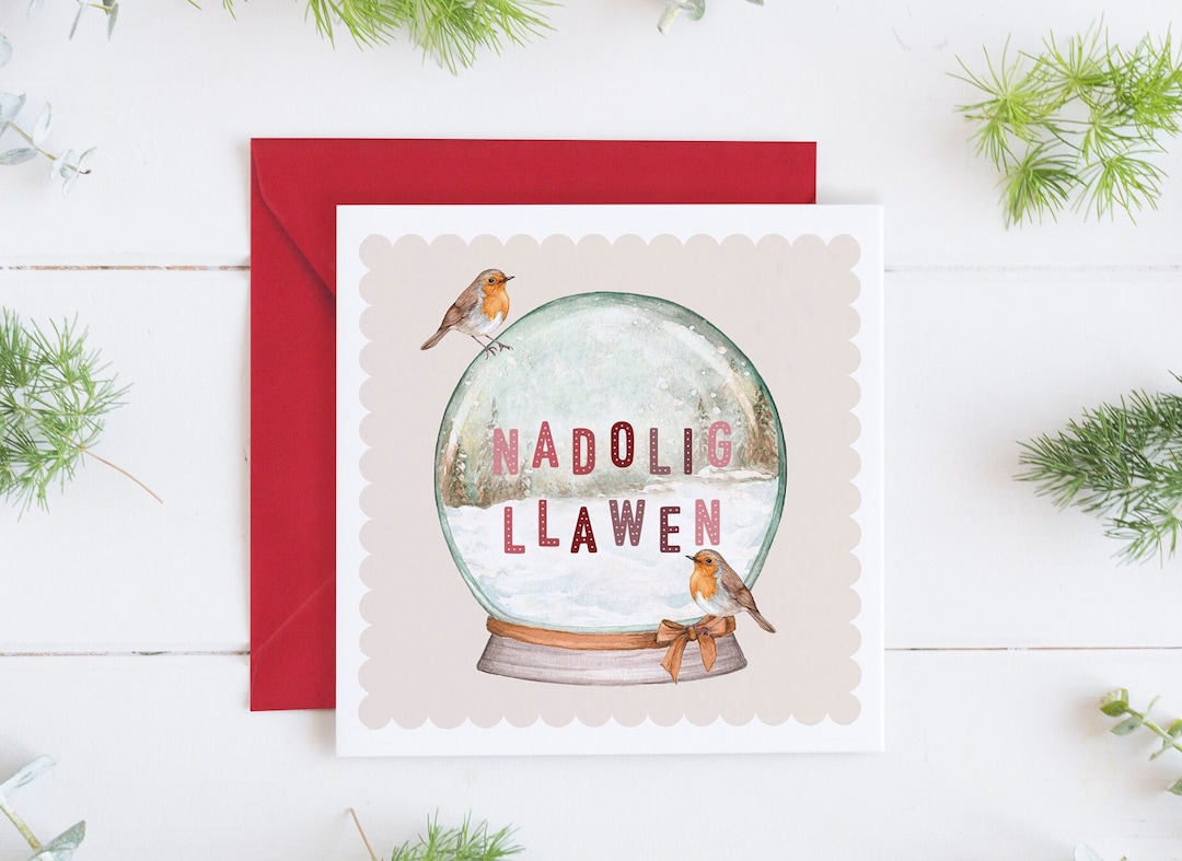 Welsh Merry Christmas Snow Globe Christmas Card, Watercolour Robin ...