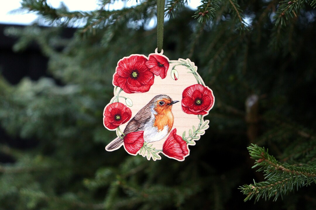 Robin Wooden Christmas Tree Decoration, Illustrated Red Poppy Ornament ...