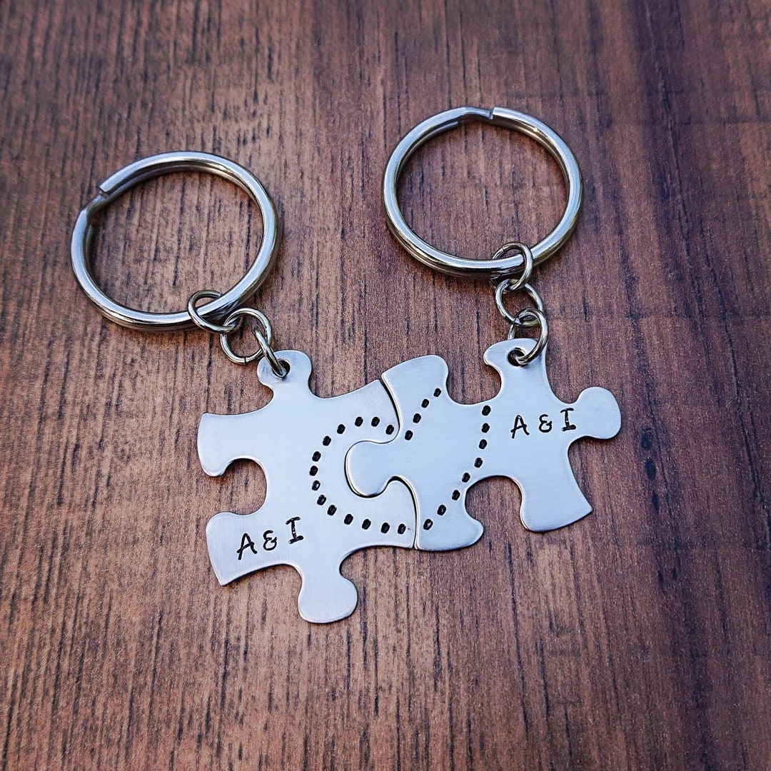 Hand Stamped Puzzle Piece Keychain, Personalized Keychains, Couples ...