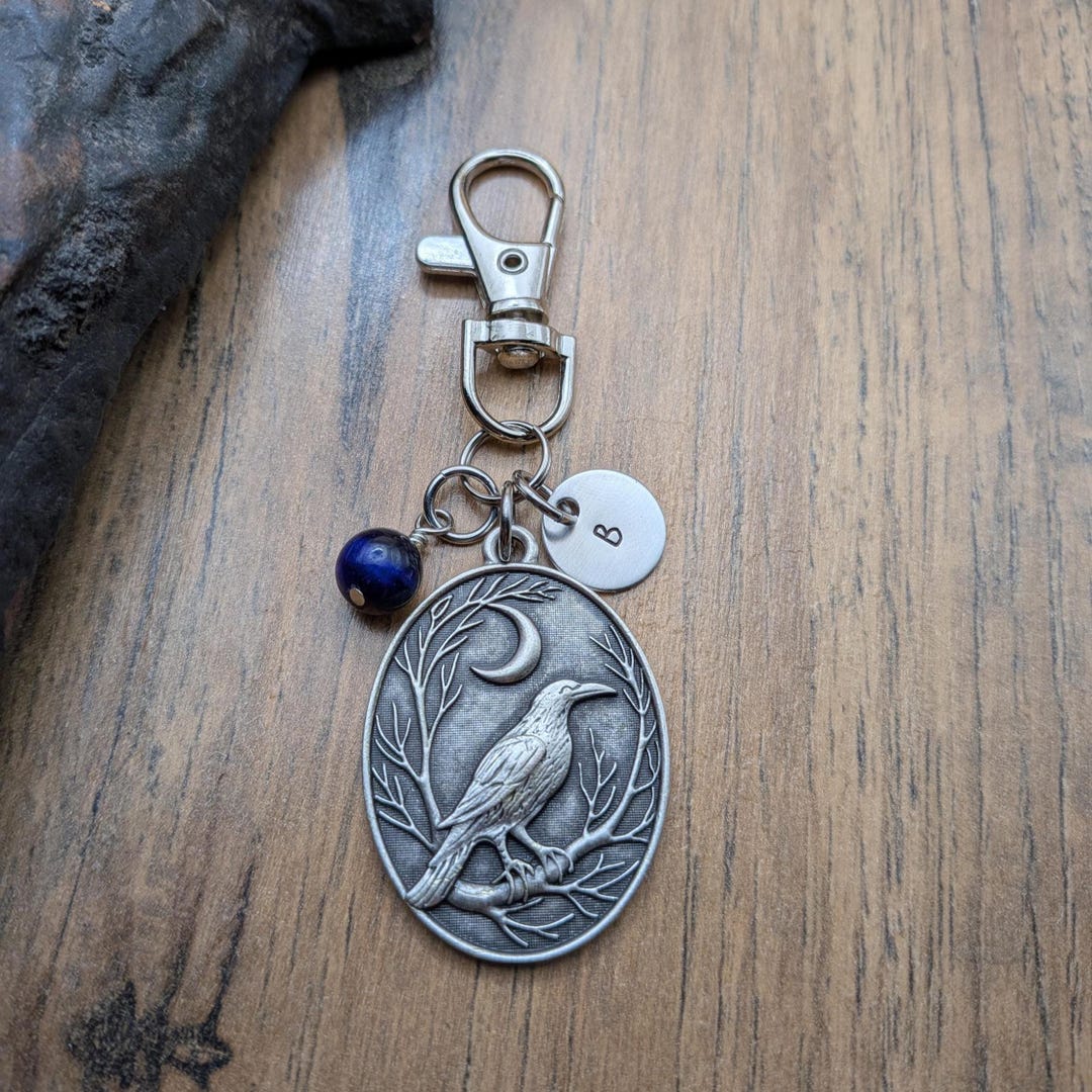 Raven Keychain, Personalized Black Bird Crow Moon Bag Charm, Nature ...