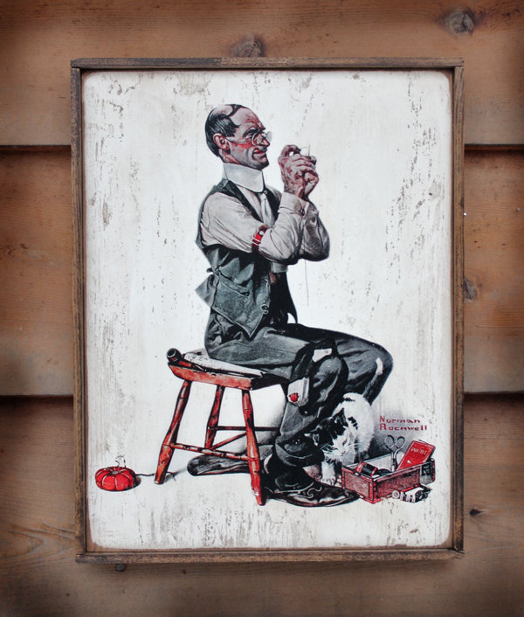 Distressed Wooden Sign 'man Threading a Needle' Norman Rockwell ...