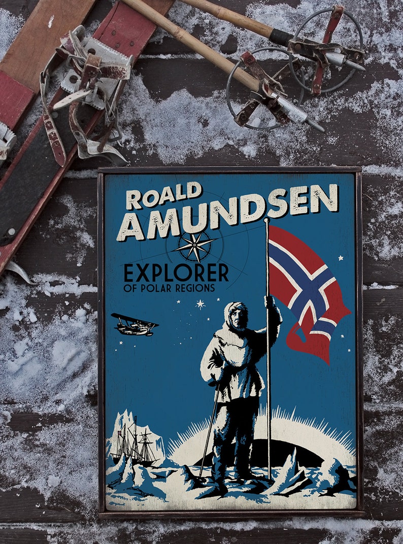 Distressed Wooden Sign ' Roald Amundsen Explorer ' Reproduction Design ...