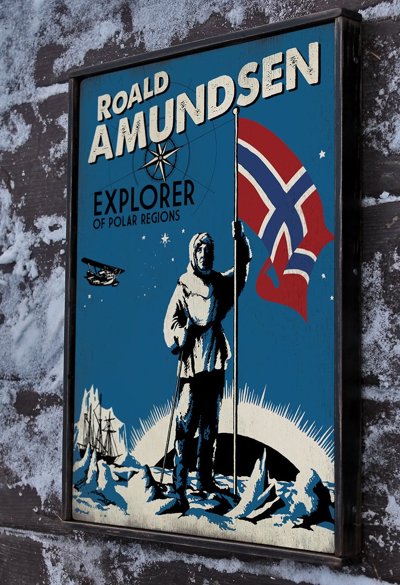 Distressed Wooden Sign ' Roald Amundsen Explorer ' Reproduction Design ...