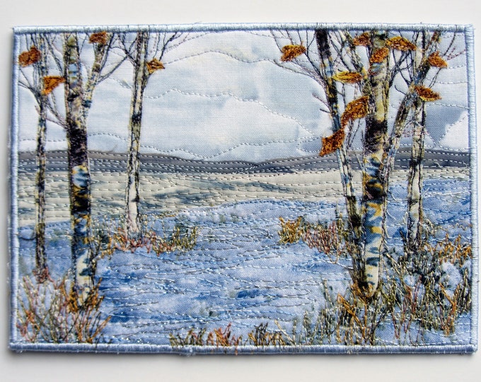 Mini Art Quilt Winter Scene, Birch Trees, Original Fabric Collage ...