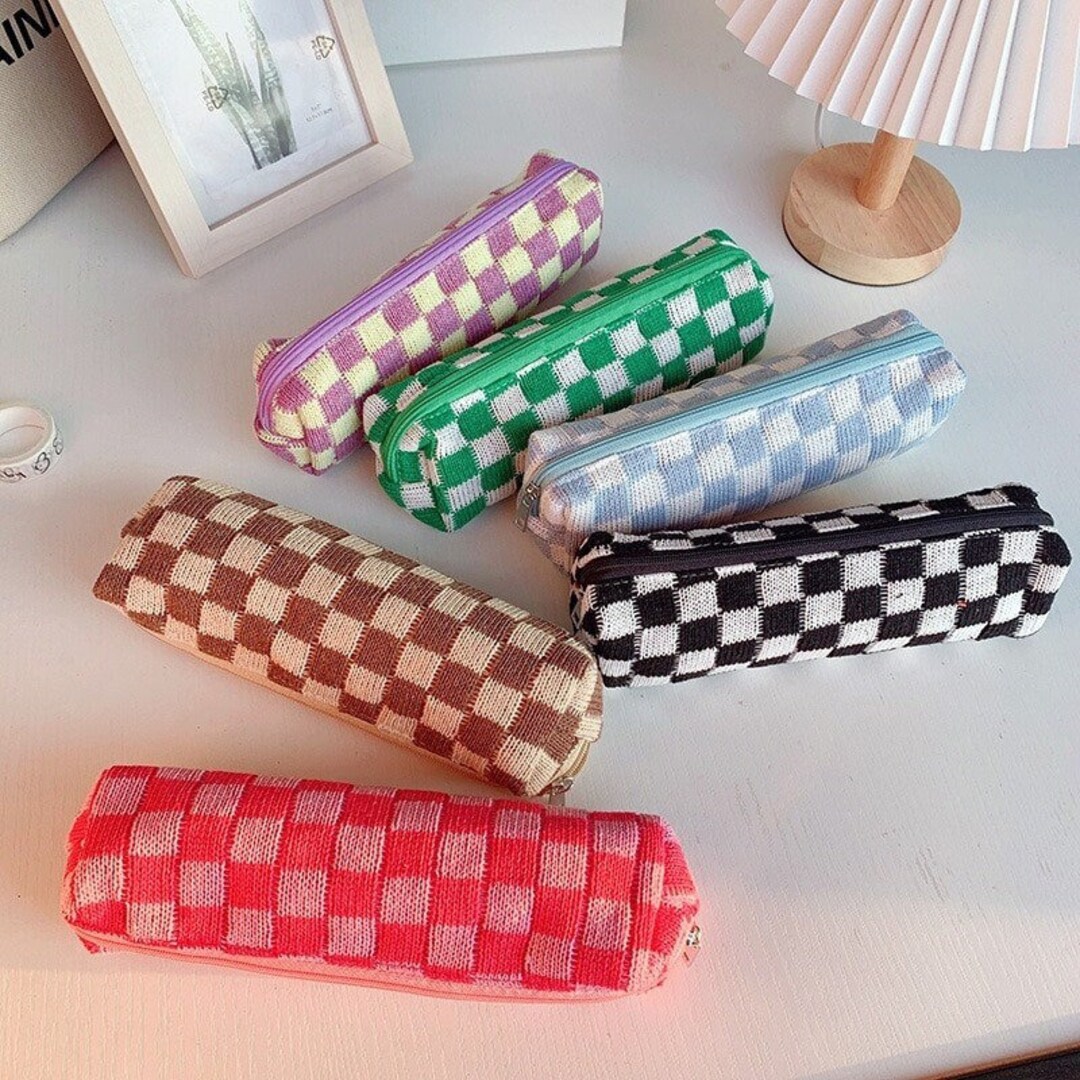Cute Pencil Pouch Checkerboard Makeup Bag Knitted Fabric - Etsy