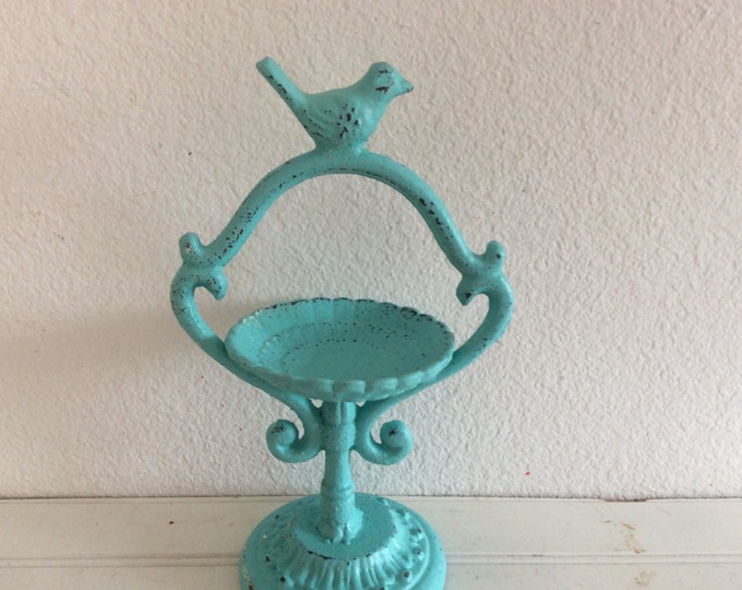 Aqua Turquoise Bird Feeder Bird Bath Shabby Cottage Chic Ornate Cast ...