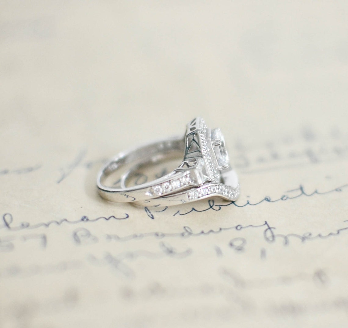 Silver Art Deco Ring Sterling Silver Ring CZ Wedding Set - Etsy