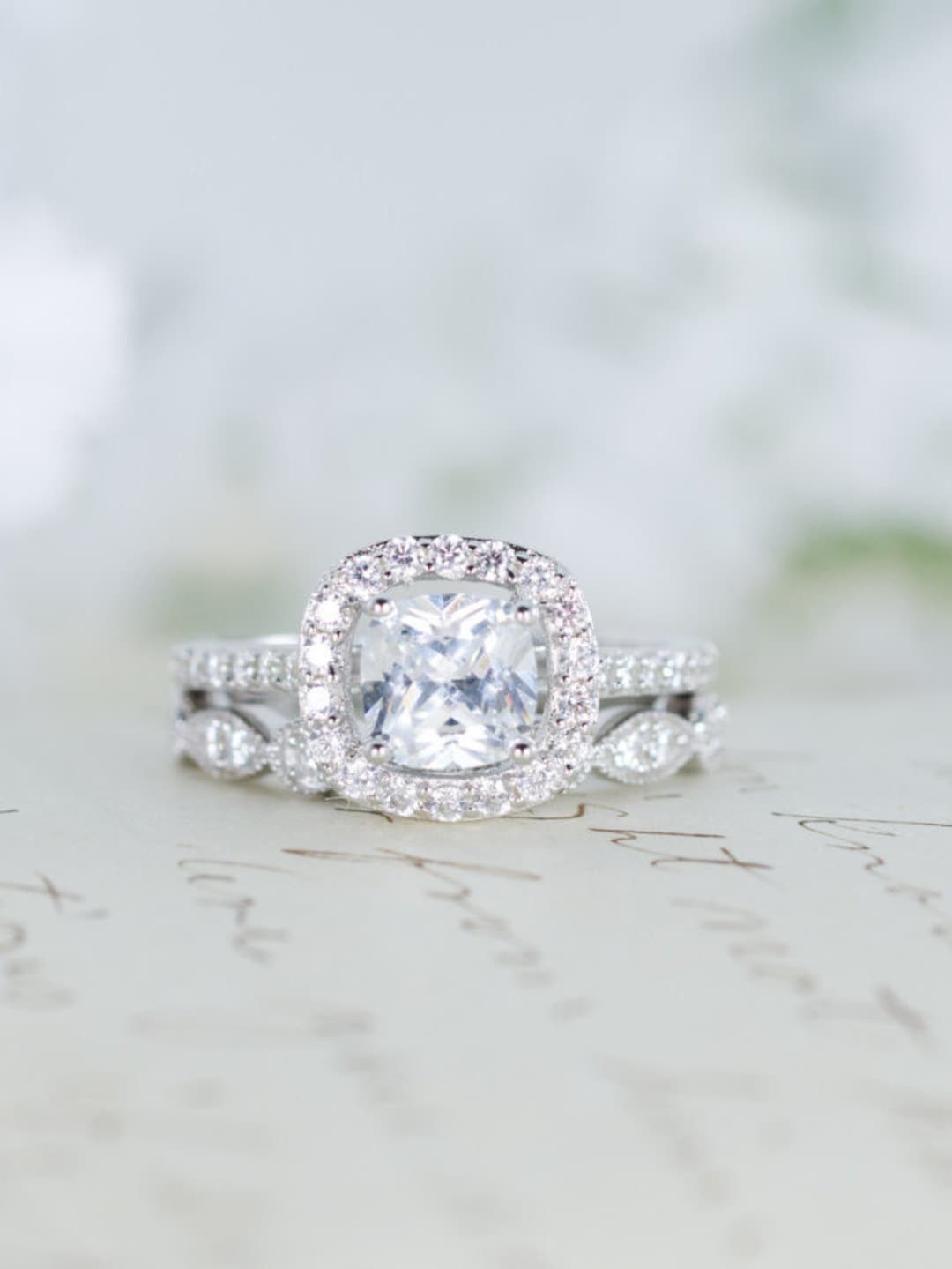 Halo Wedding Set Engagement Ring Wedding Ring Cushion Cut Ring Sterling ...