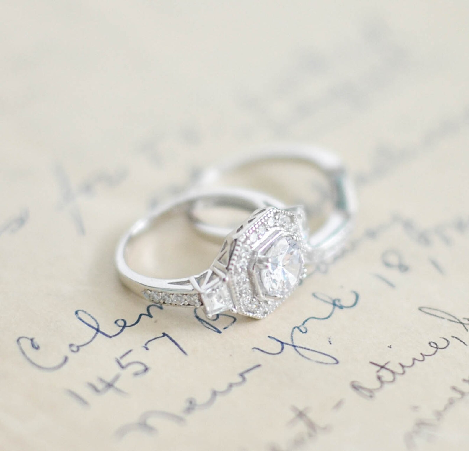 Silver Art Deco Ring - Sterling Silver Ring - CZ Wedding Set - Cubic ...