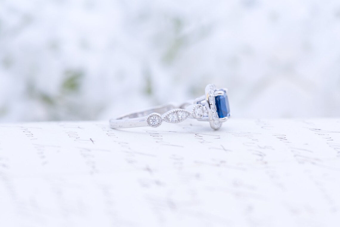 SALE Blue Sapphire Engagement Ring Cushion Cut Ring Art - Etsy
