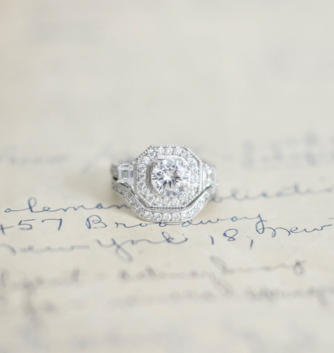 Silver Art Deco Ring - Sterling Silver Ring - CZ Wedding Set - Cubic ...