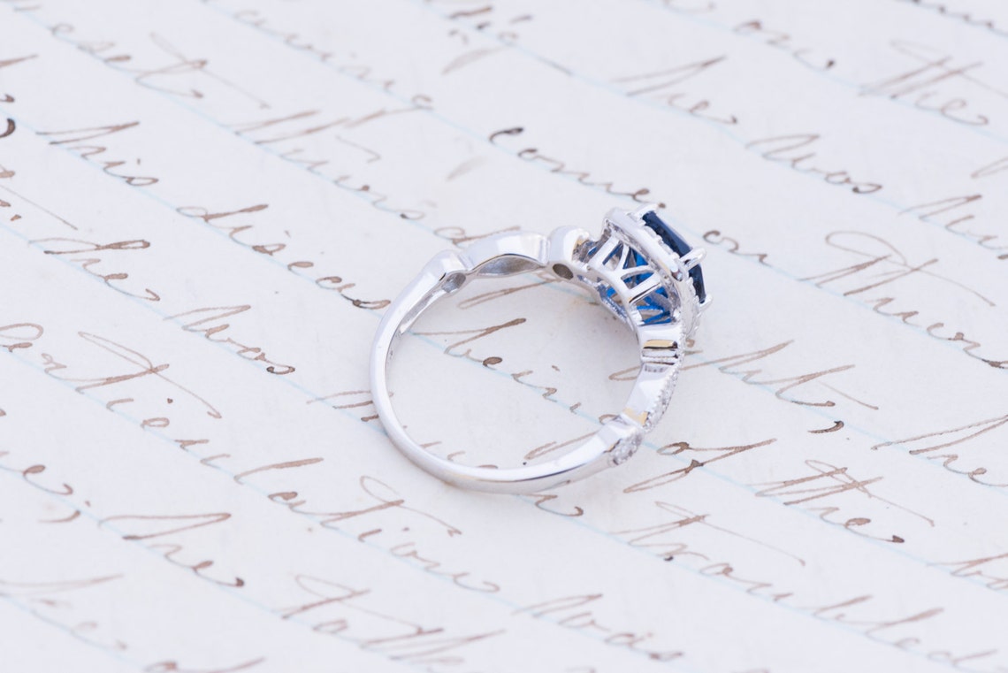 SALE Blue Sapphire Engagement Ring Cushion Cut Ring Art - Etsy